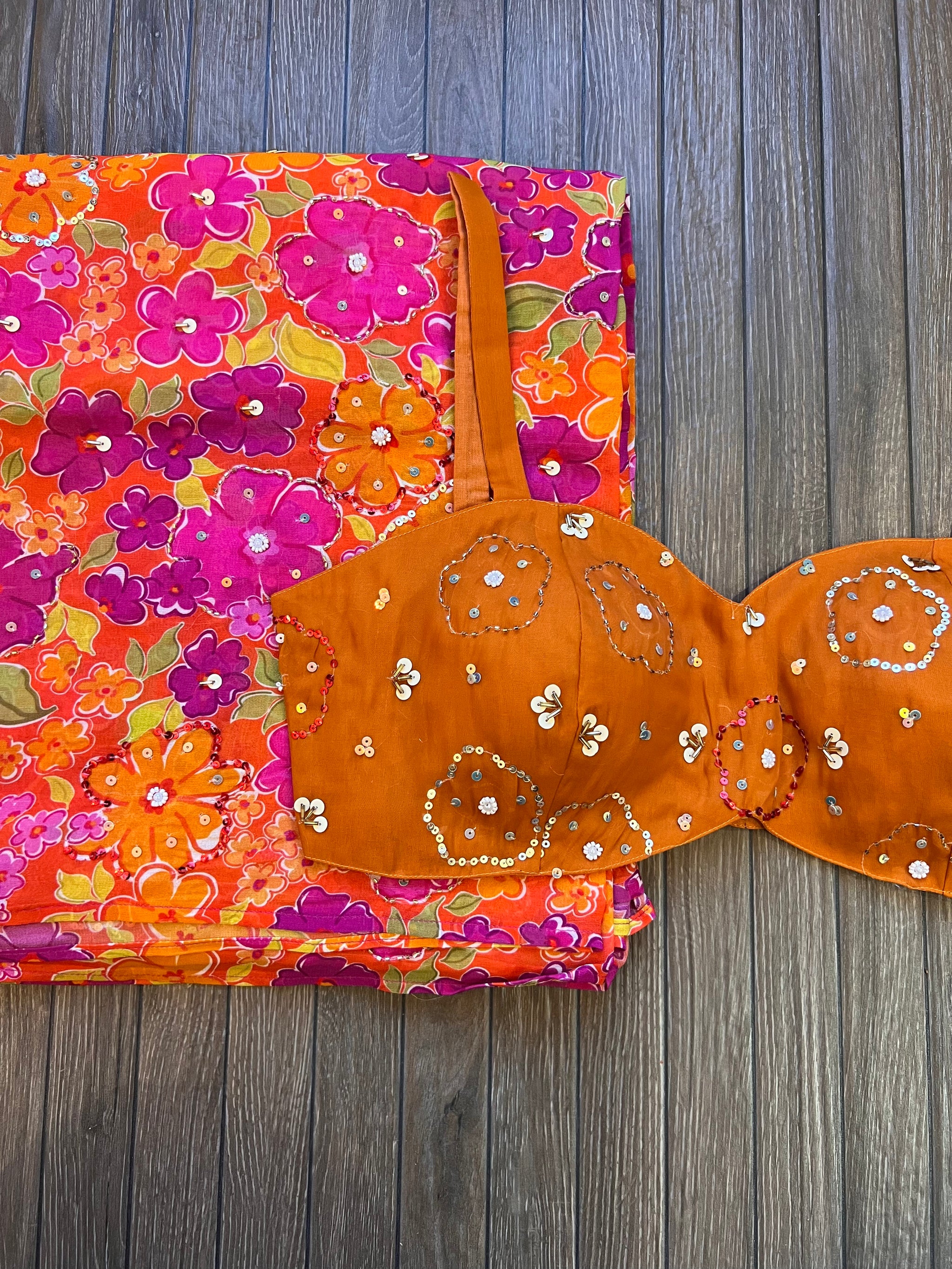 Floral Orange Georgette Saree with Handwork and Stitched Blouse ...